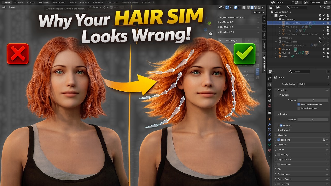 Blender Hair Physics & Rigging Made Easy - Simuquick (Rig-GNS Update)