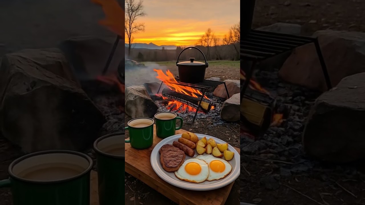 Enjoying a sunrise breakfast by the lake #camping #scroll #youtubeshorts #viral #sunrise #like