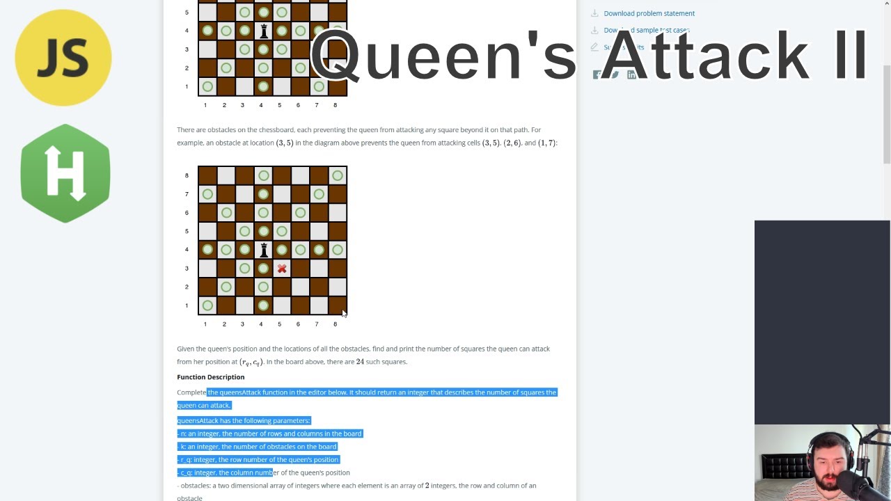[Medium] Queen's Attack II (Hackerrank, javascript, geometry, chess)