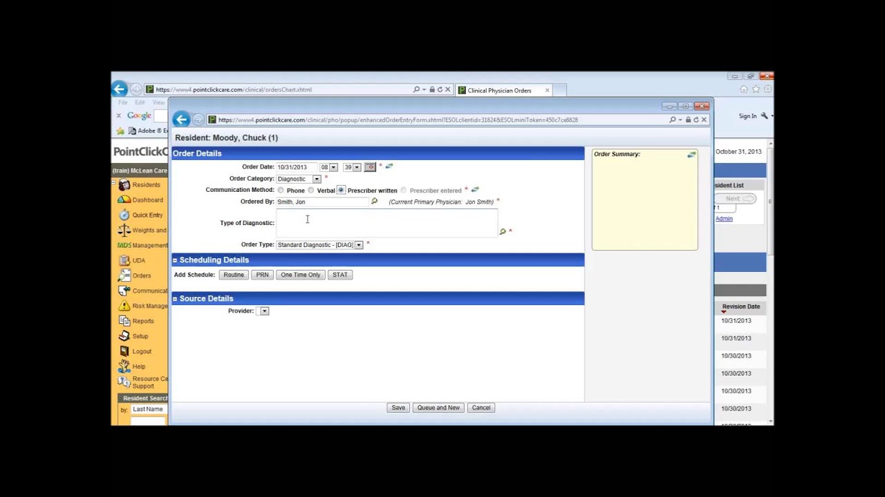 Entering a Diagnostic Order
