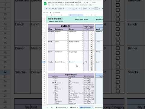 Meal Planner Spreadsheet for Google Sheets and Microsoft Excel #spreadsheets #googlesheets #shorts