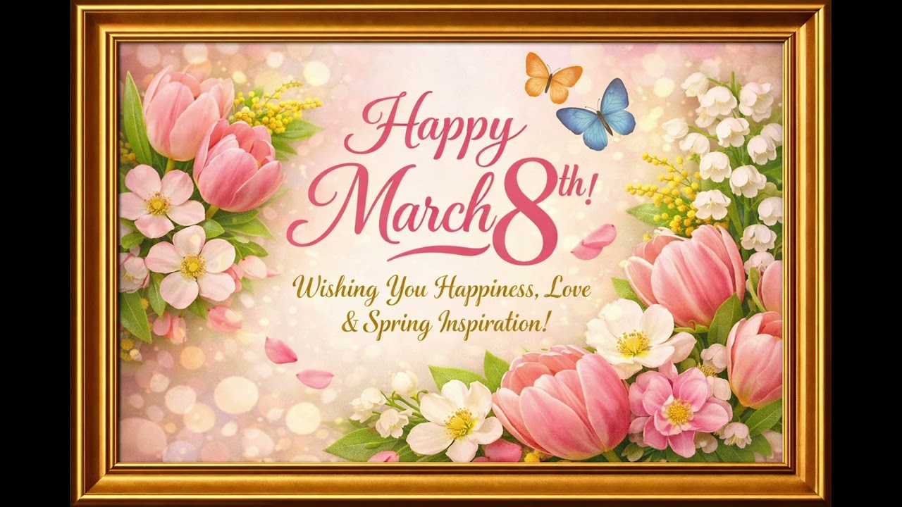 Elegant March 8 greeting card with flowers, butterflies spring colors in a beautiful golden frame.