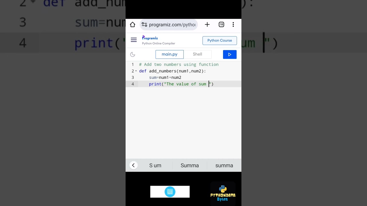 add two numbers using function Python program #dataanalysis #pythonprogramming