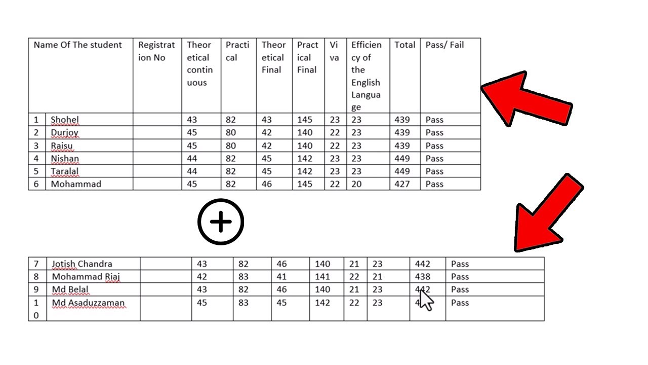 How to merge two tables in word vertically