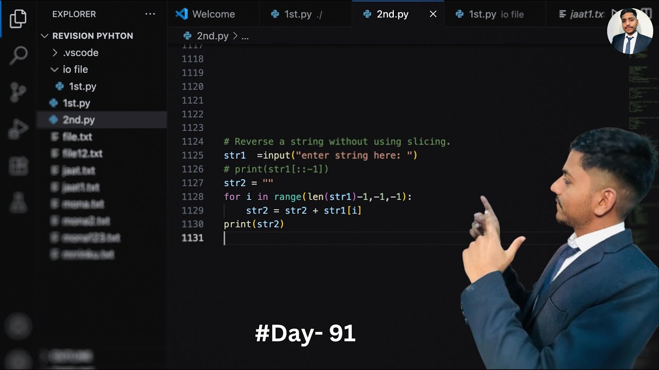 Python program to Reverse a string without using slicing.#codeeveryday #codeeveryday #python
