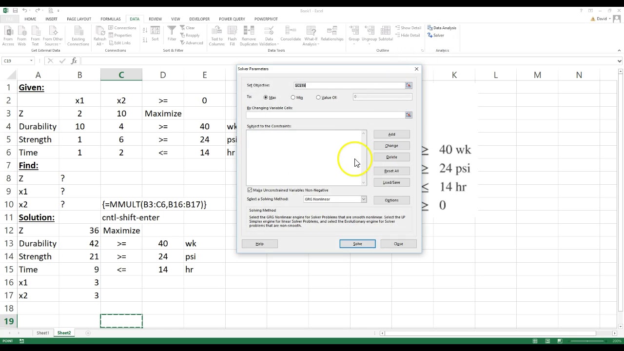 Quickly solving a linear programming problem on Excel