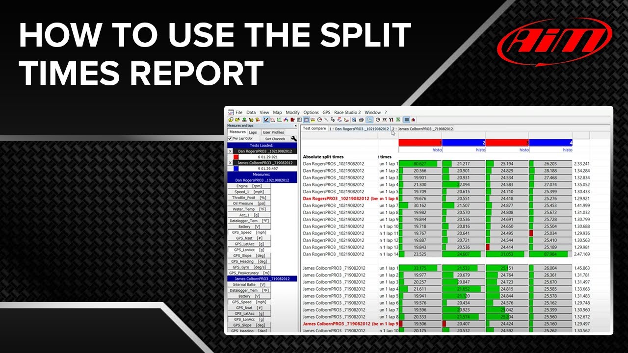 AiM Race Studio Analysis - Split Times Report