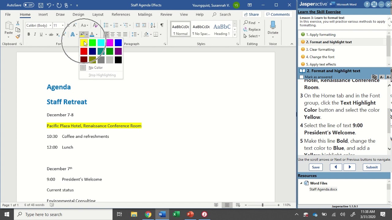 JasperActive Word 2019 Lesson 3: Formatting Characters