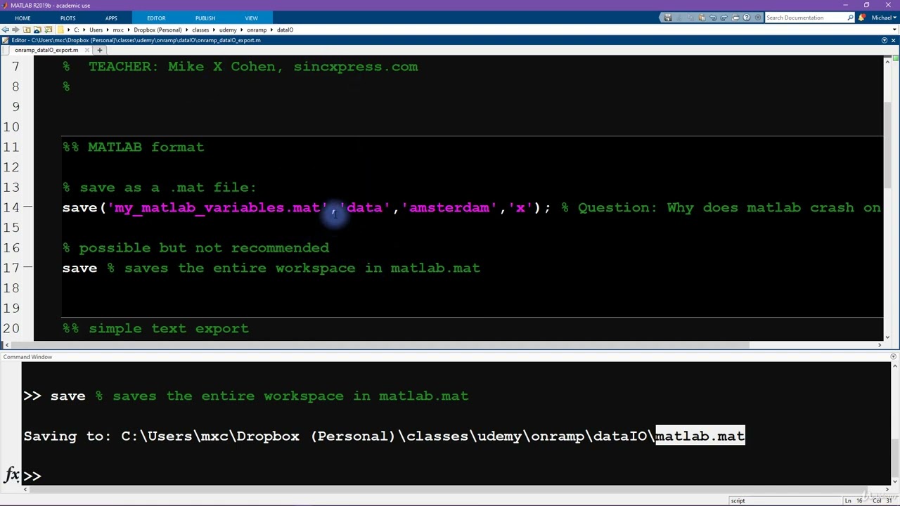 (Matlab) Course 6: 30   Exporting data in MATLAB, text, and Excel formats