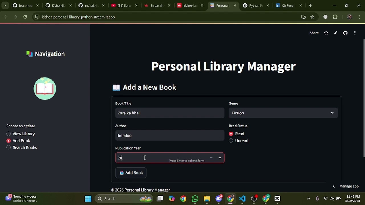 Personal Library by Python | streamlit | python #code #python #pythonprogramming