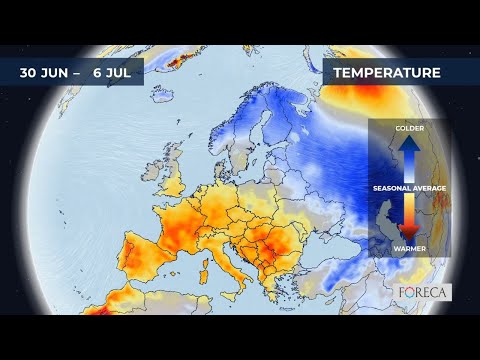 Monthly temperature forecast for Europe 28/6/2025