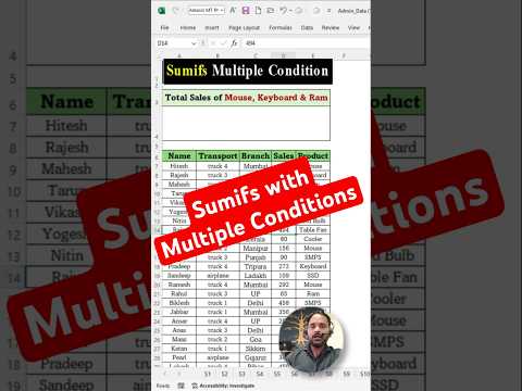 Sumifs with Multiple Conditions | Sumifs with Multiple Criteria | Sumifs Formula | #shorts #ytshorts
