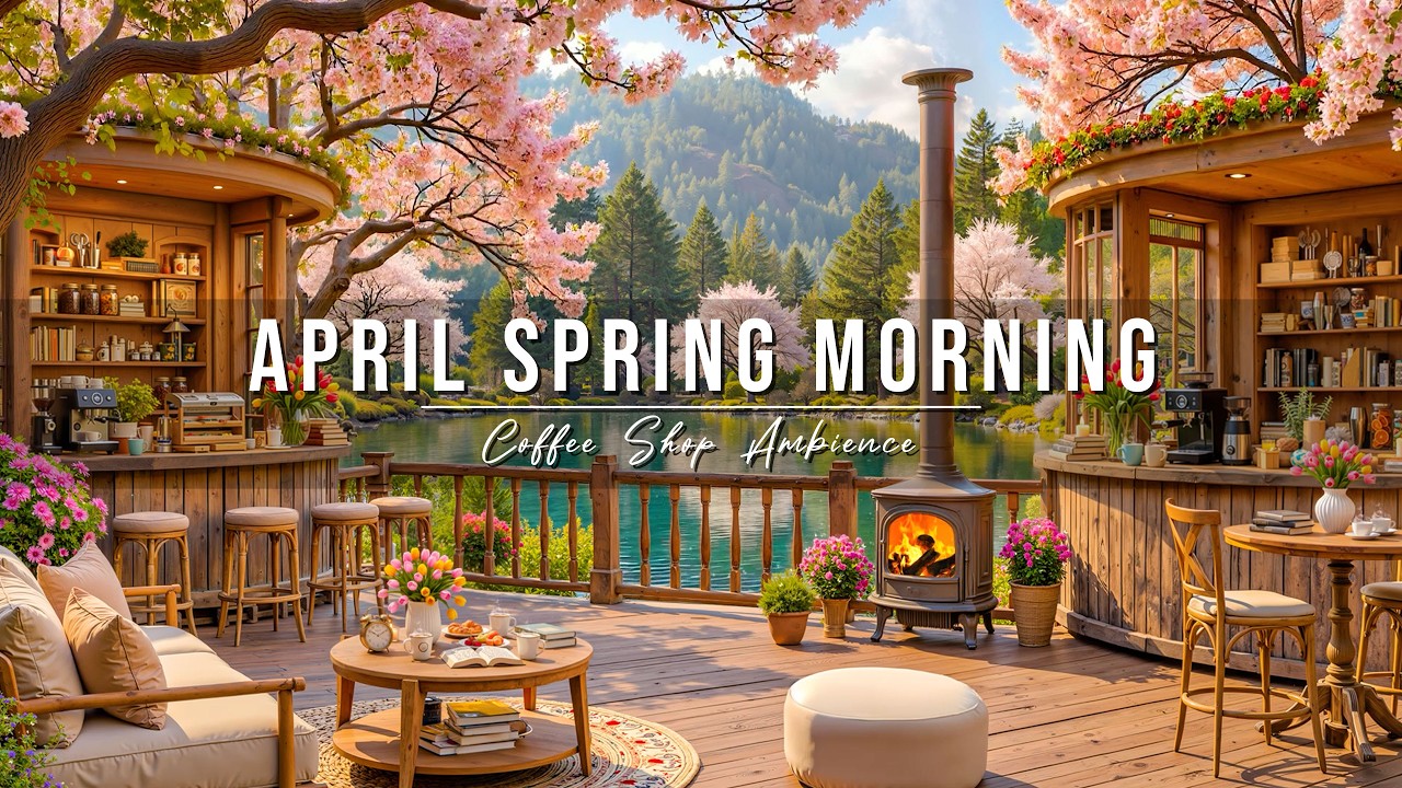 Calm April Spring Morning at Outdoor Coffee Shop Ambience 🌺 Relaxing Jazz Music for Work & Study