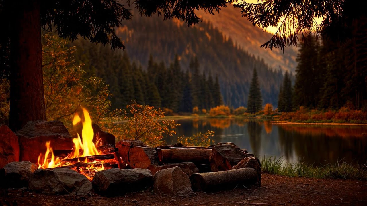 You’re Sitting by a Lake Campfire 🔥🍁 Autumn Forest Ambience with Relaxing Fire Sounds