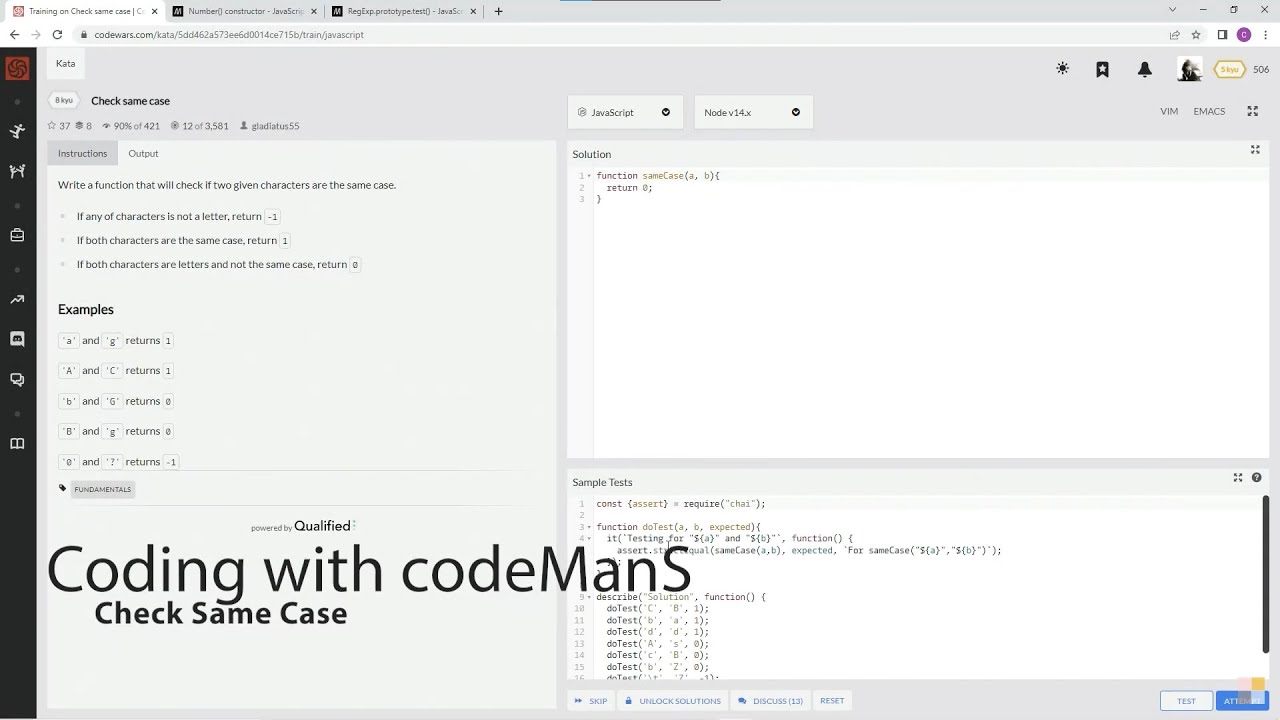 Codewars 8 kyu Check Same Case JavaScript