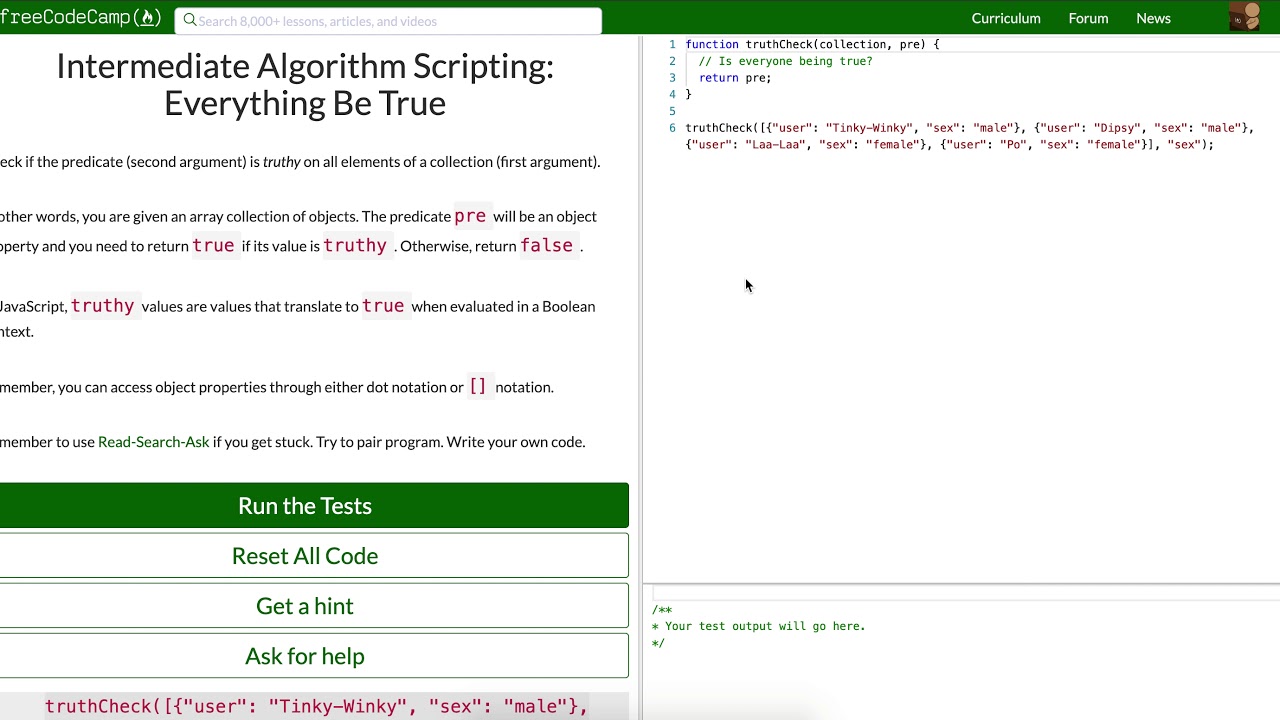 Lets play Free Code Camp Intermediate Algorithm Scripting: Everything Be True