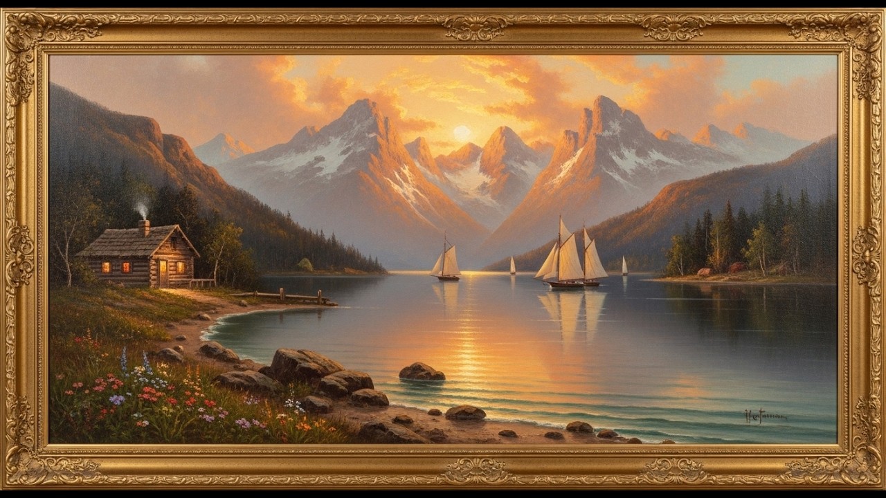 Vintage Alpine Lake Sunset | Samsung Frame TV Art | 4K Mountain Cabin & Sailboats Painting
