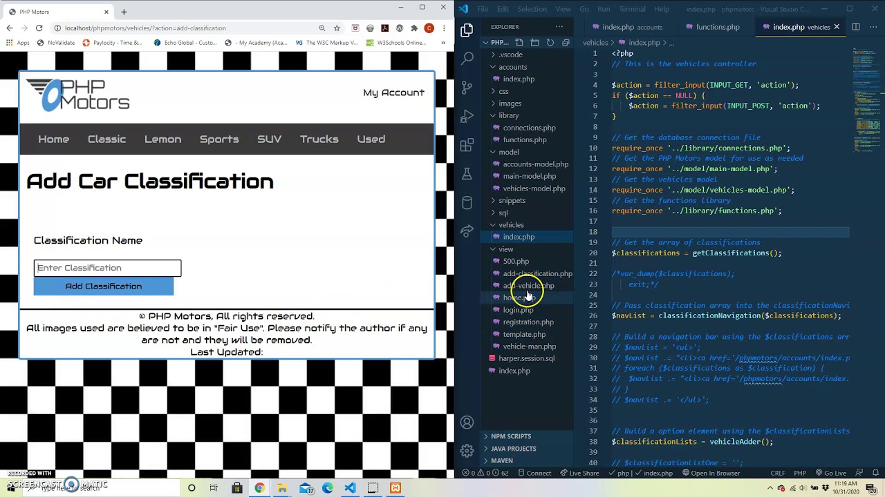 PHP Nav Function, PHP server-side validation, HTML client-side validation, and sticky form elements.