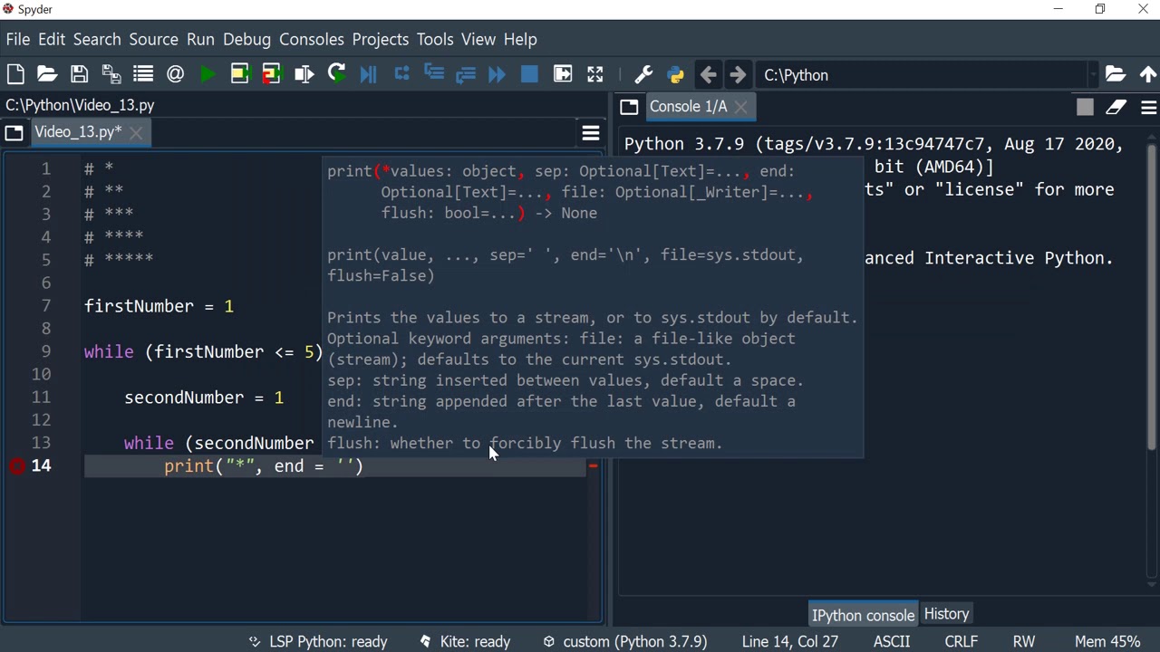 Python 13: Print the shape of a right-angled triangle using asterisks and nested while loops
