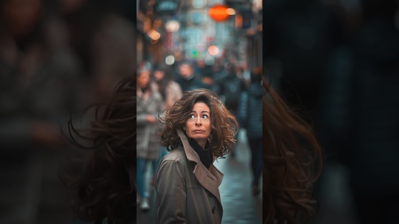 cinematic vertical photo of a beautiful woman in her late 40s standing still in a crowded city si...