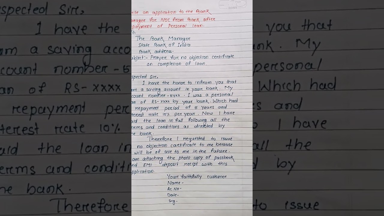 Write an application to the bank manager for NOC from bank after repayment of parsonal loan l