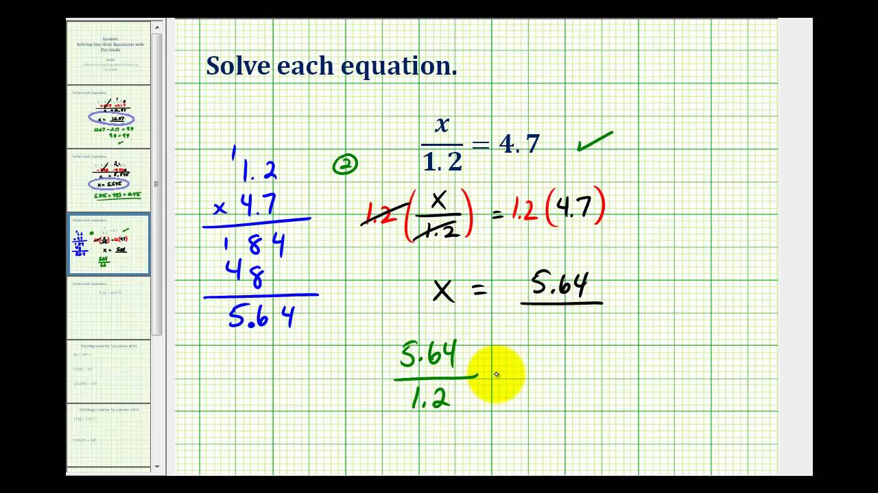 Solving One Step Equations Involving Decimals