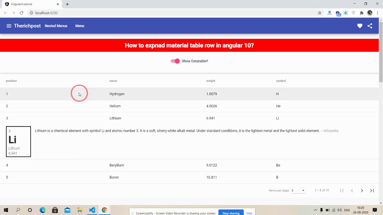 Angular 10 Material Table Row Expand Collapse Working