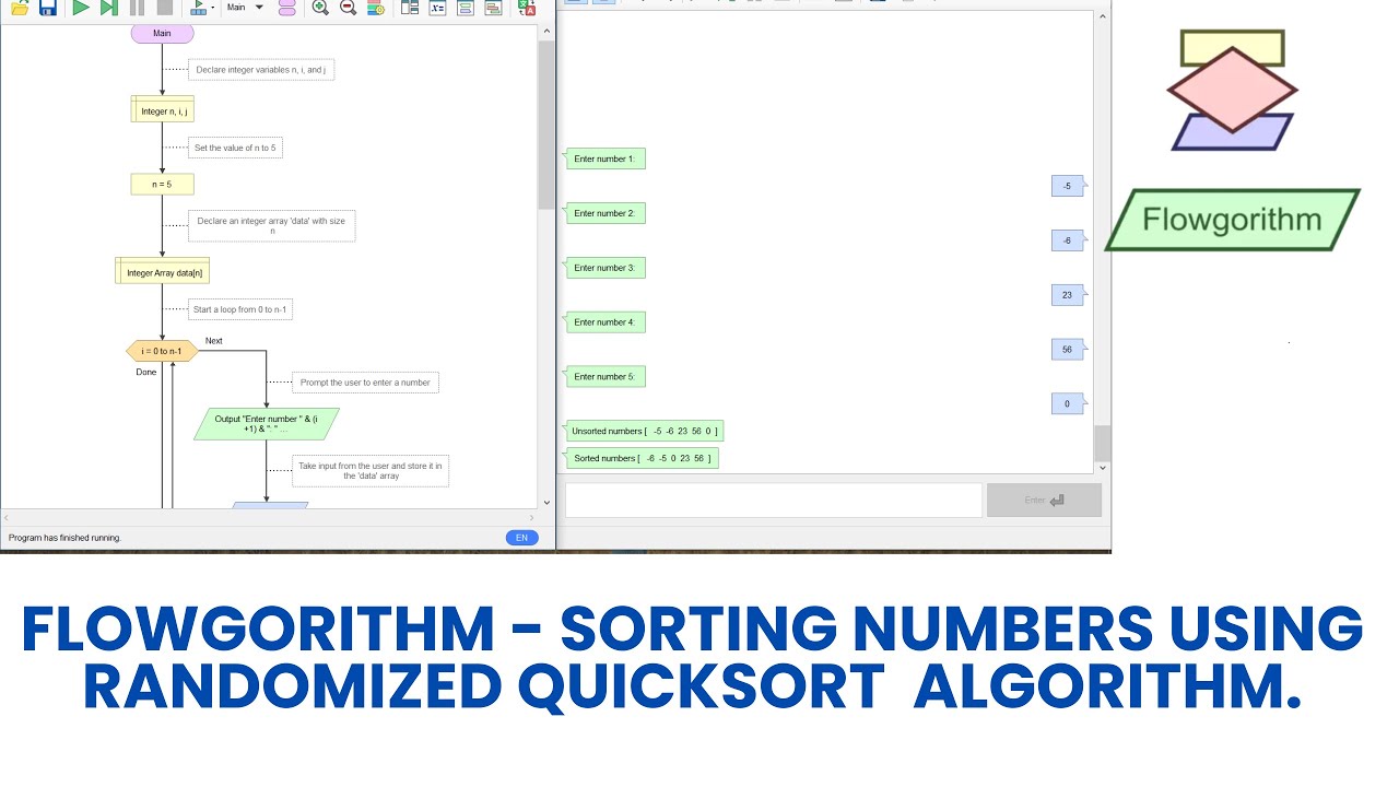 Flowgorithm - Sorting Numbers using Randomized QuickSort algorithm.