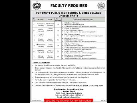 Cantt Public High School Jhelum Jobs#jobupdate#govtjobs #viralshort