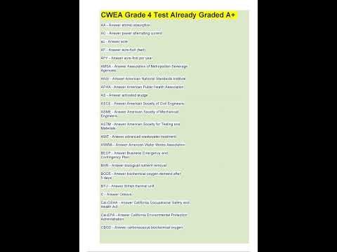 CWEA GRADE 4 EXAM TEST QUESTIONS AND CORRECT ANSWERS ALREADY GRADED 100 LATEST 2023 pdf