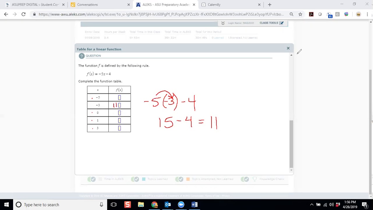 ALEKS Table for a linear function