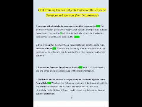 CITI Training Human Subjects Protection Basic Course Questions and Answers 2022 Verified Answers