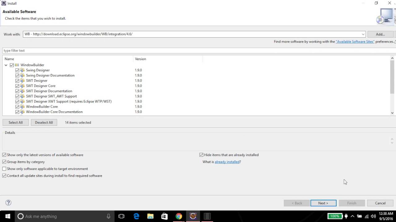 Installing WindowBuilder on Eclipse Neon for JAVA SWING GUI Development