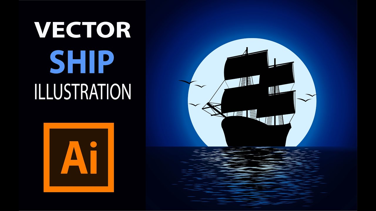 Vector landscape drawing | Sailing ship night illustration
