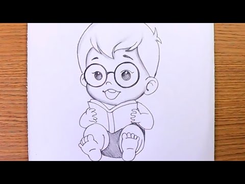 How To draw a baby with specs reading books.... draw baby step by step