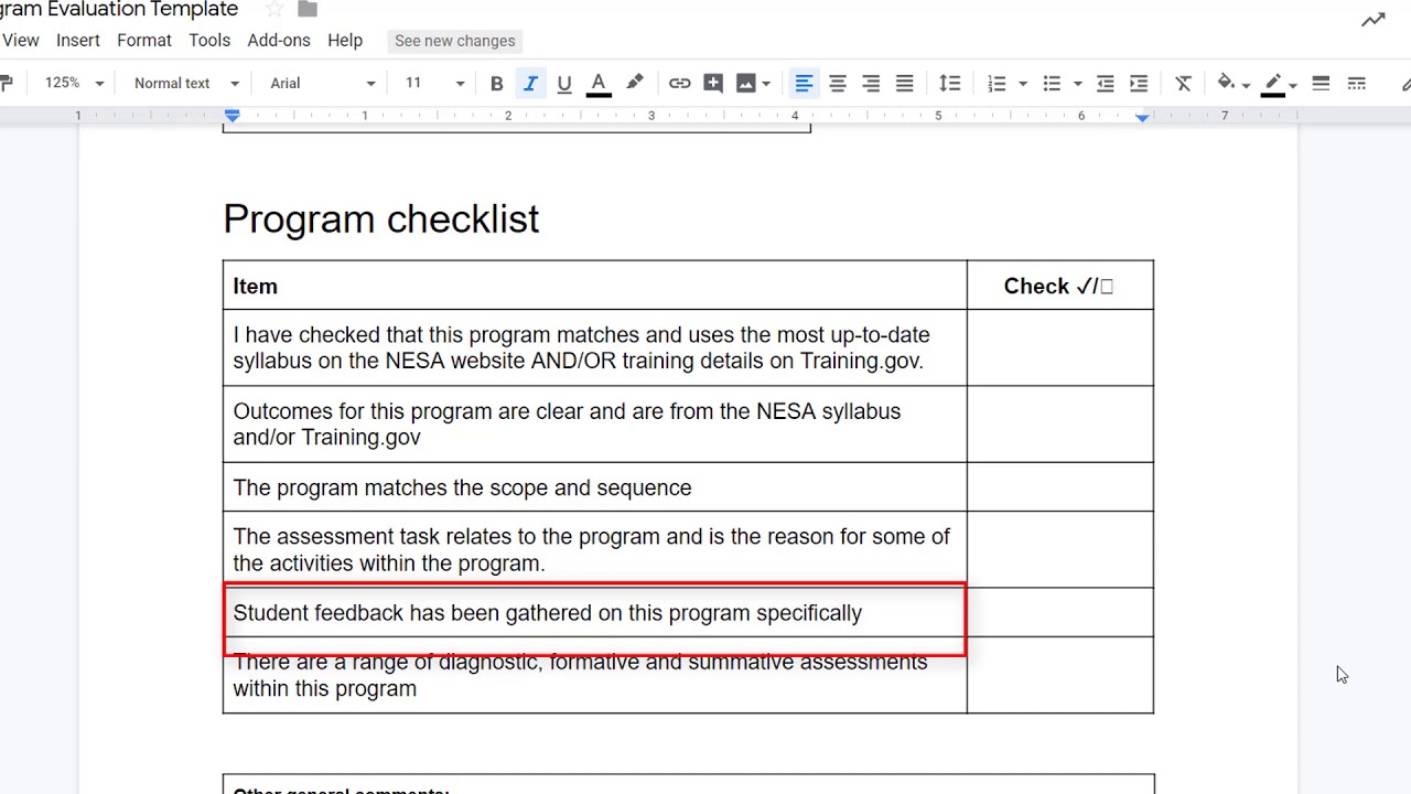 Program Checklist