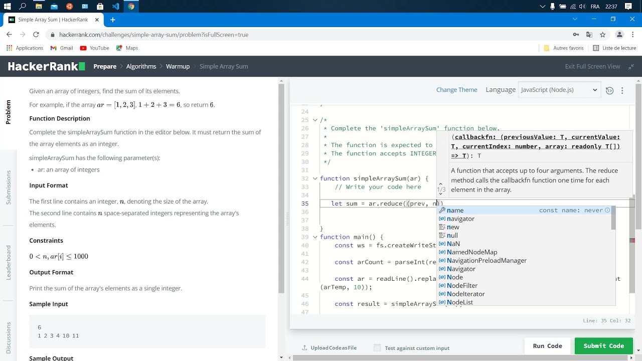 Hackerrank simple array sum solution in javascript