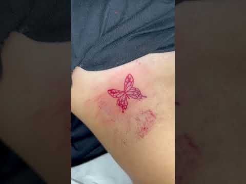 Tatuaje línea fina hecho con tinta roja de una mariposa #schmetterling #mariposa #papillon #shorts