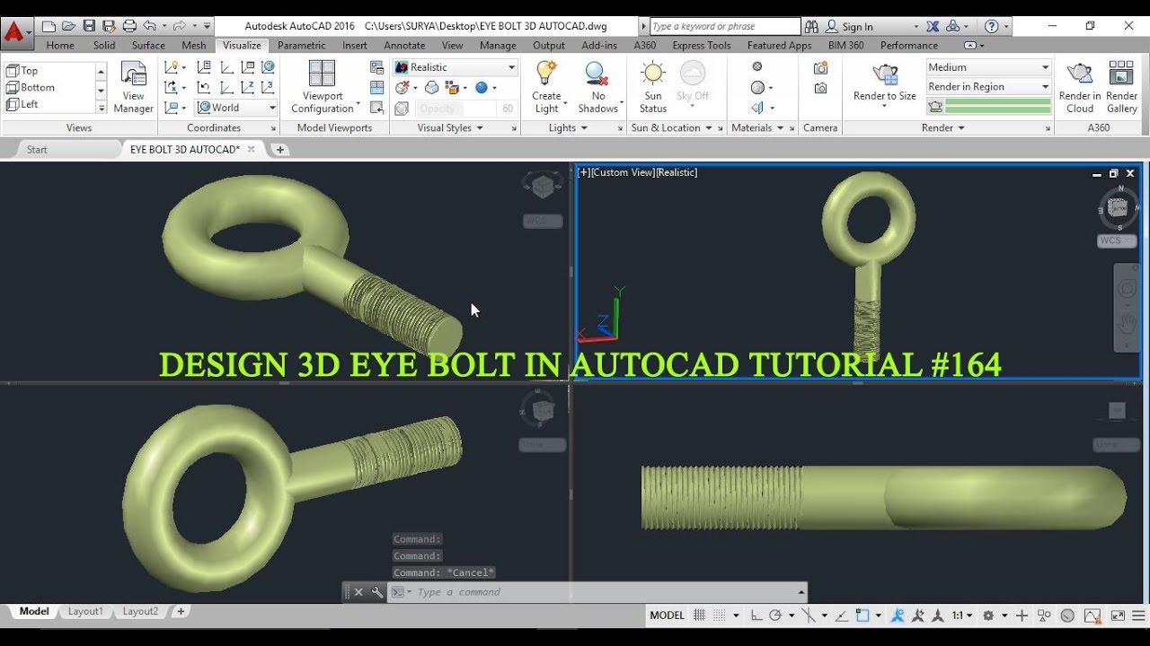 HOW TO DEVELOP 3D EYE BOLT IN AUTOCAD TUTORIAL #164
