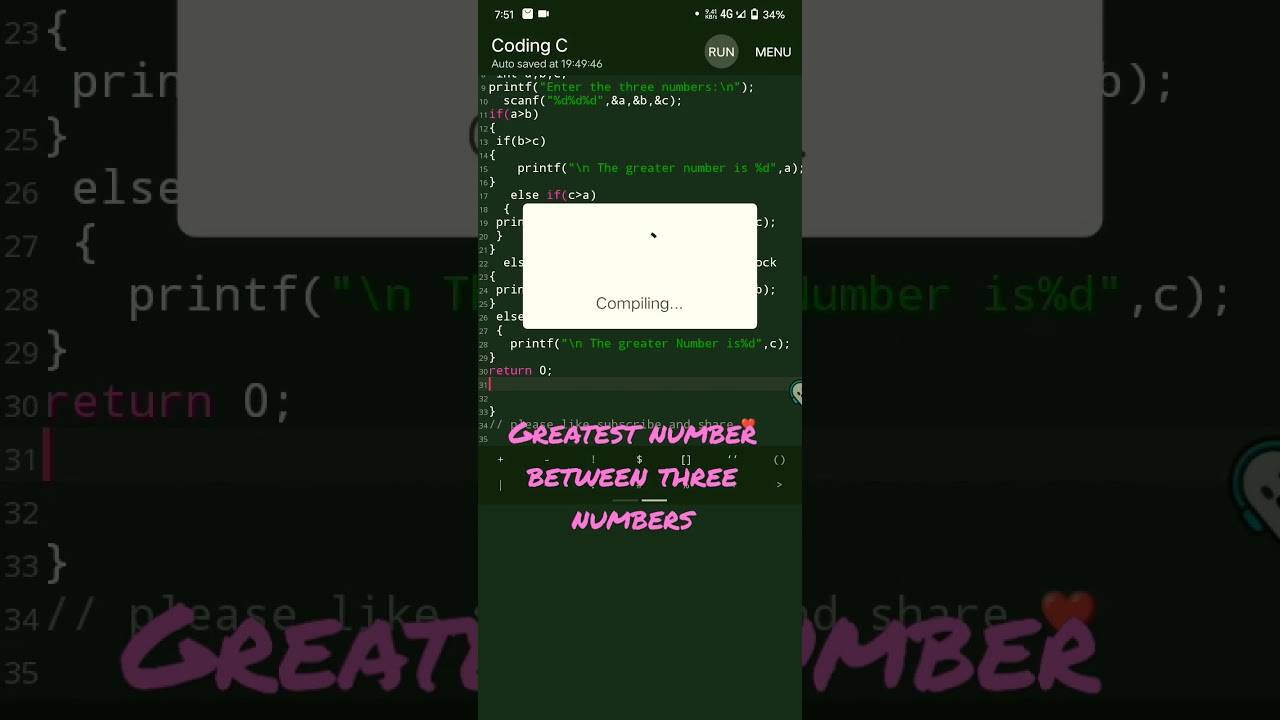 #write a C program to check the greatest no.between three no.s #using nested if-else statement 🤗