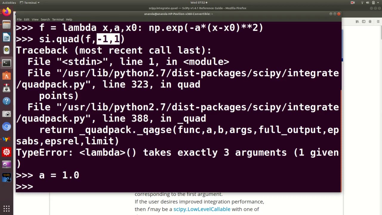 3b Numerical integration using scipy - the quad function
