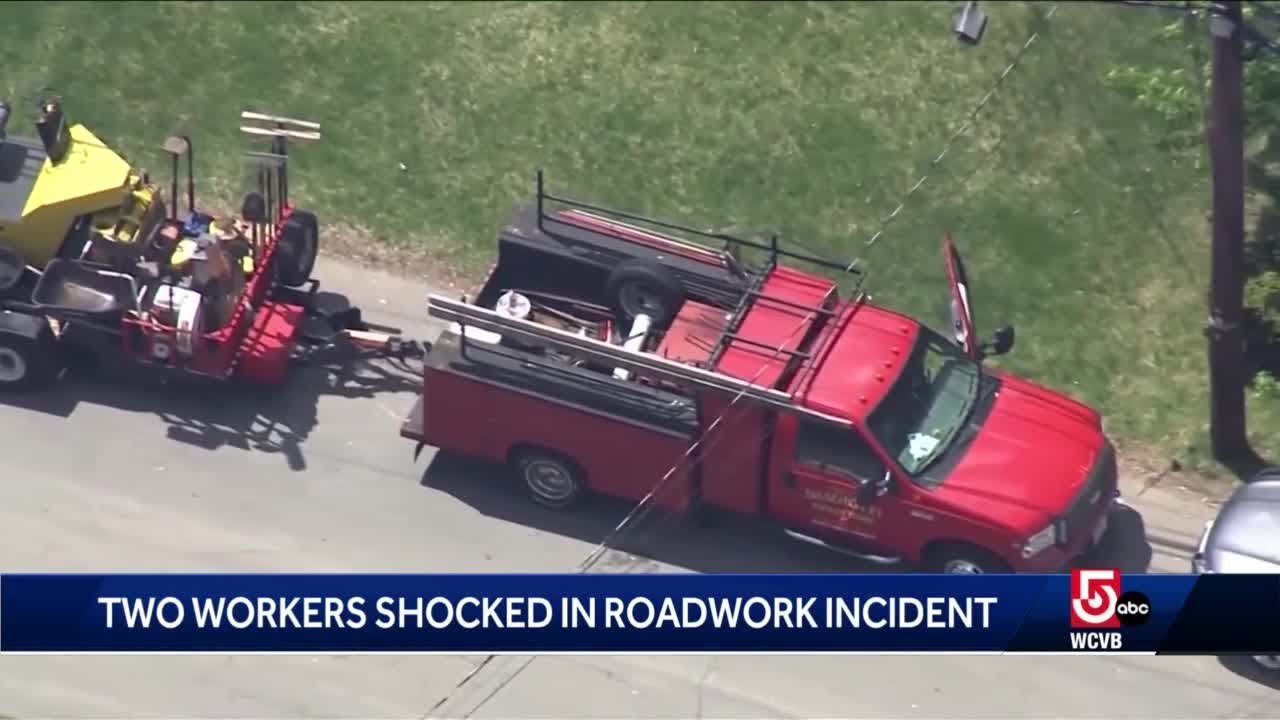 Workers shocked when dump truck contacts wires