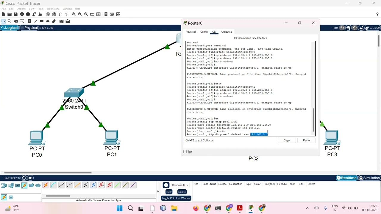 DHCP configuration practical in Computer networks CISCO Lab