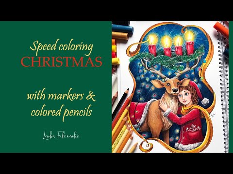 Christmas coloring page - Using markers + colored pencils