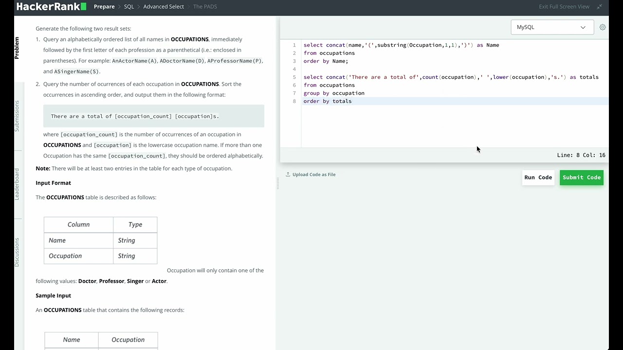 Hackerrank SQL Solution #21 Basic SQL - The PADS