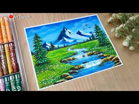 How to Draw a Mountain River Scenery with Oil Pastels | inspired by Bob Ross