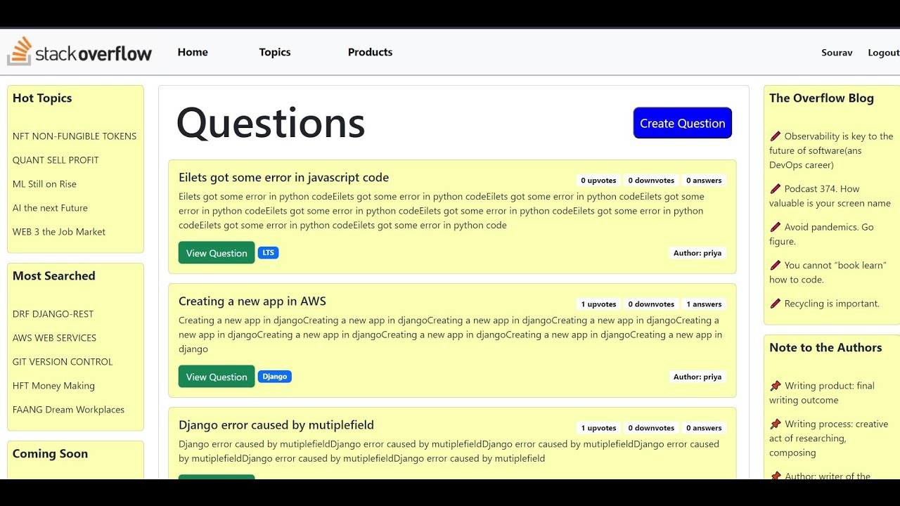 STACK OVERFLOW CLONE || REACTJS || DJANGO || AJAX || AXIOS || JS || AWS