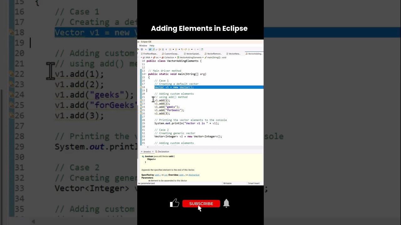 Java Vector – Adding Elements in Eclipse | Java Collections Tutorial