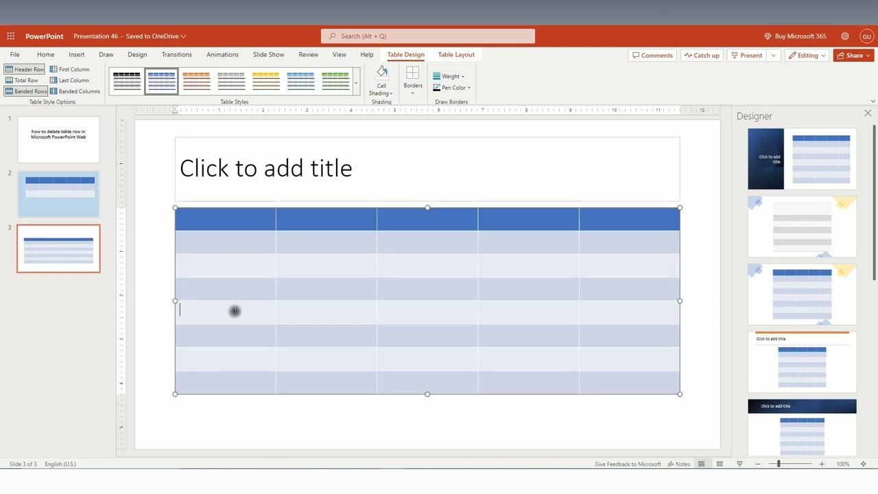 how to delete table row in Microsoft PowerPoint Web