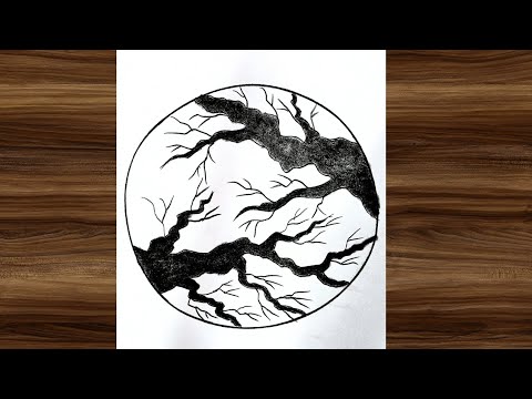 Easy Circle Scenery Drawing | Black Tree Branch Pencil Sketch
